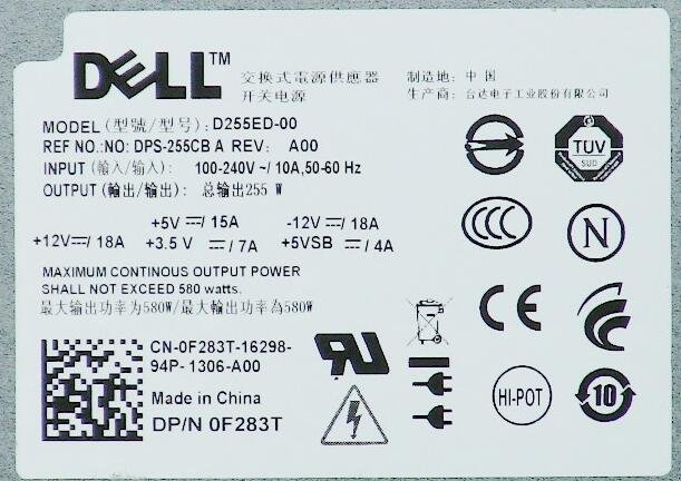 F283T - 255W For Dell Optiplex & Precision MDT Desktop Power Supply ...
