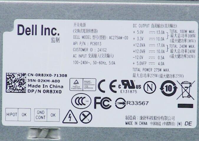 R8JX0 275W For Dell OptiPlex 3010 OptiPlex / Vostro Desktop Power ...